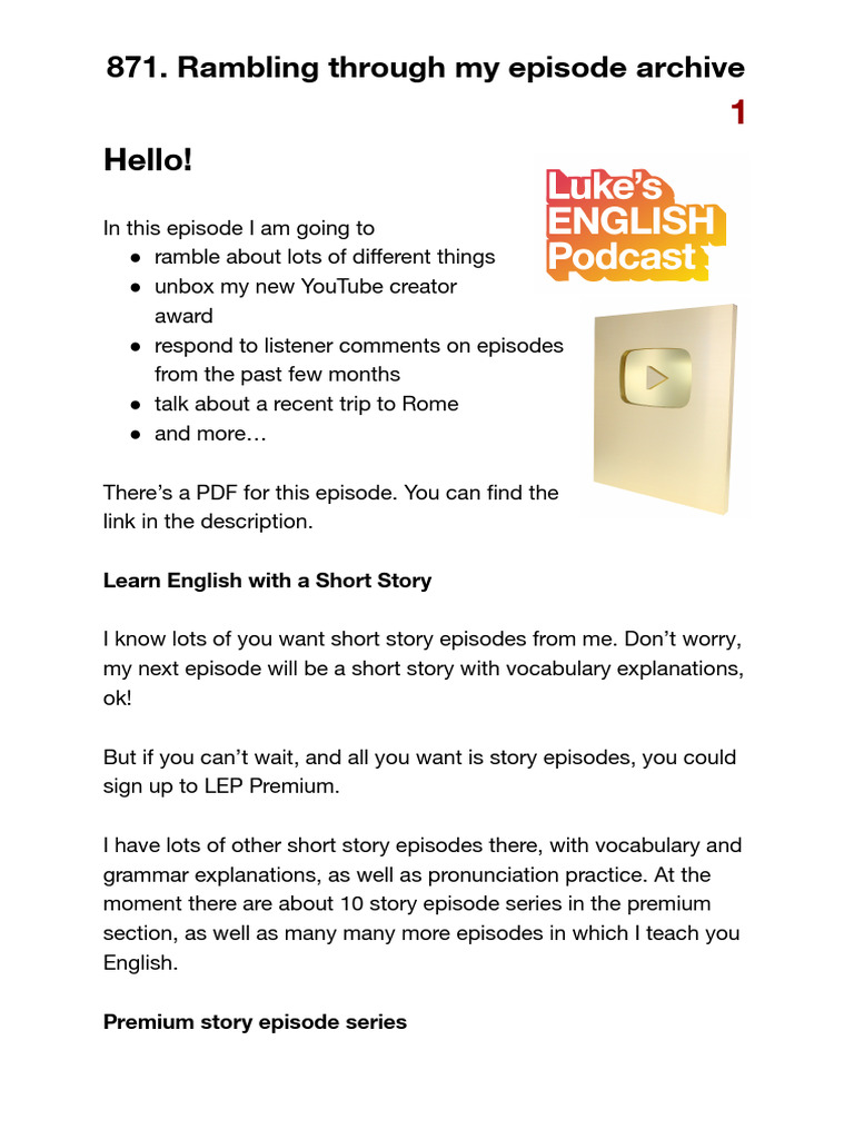 Rambling Through My Episode Archive Listener Comments Gold YouTube Creator Award | PDF