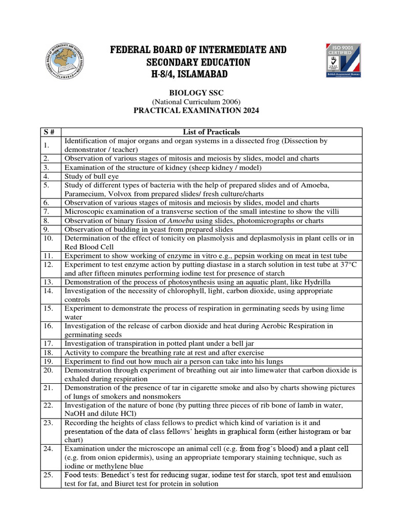 SSC BIOLOGY List of Practical and Questions | PDF | Biology | Breathing