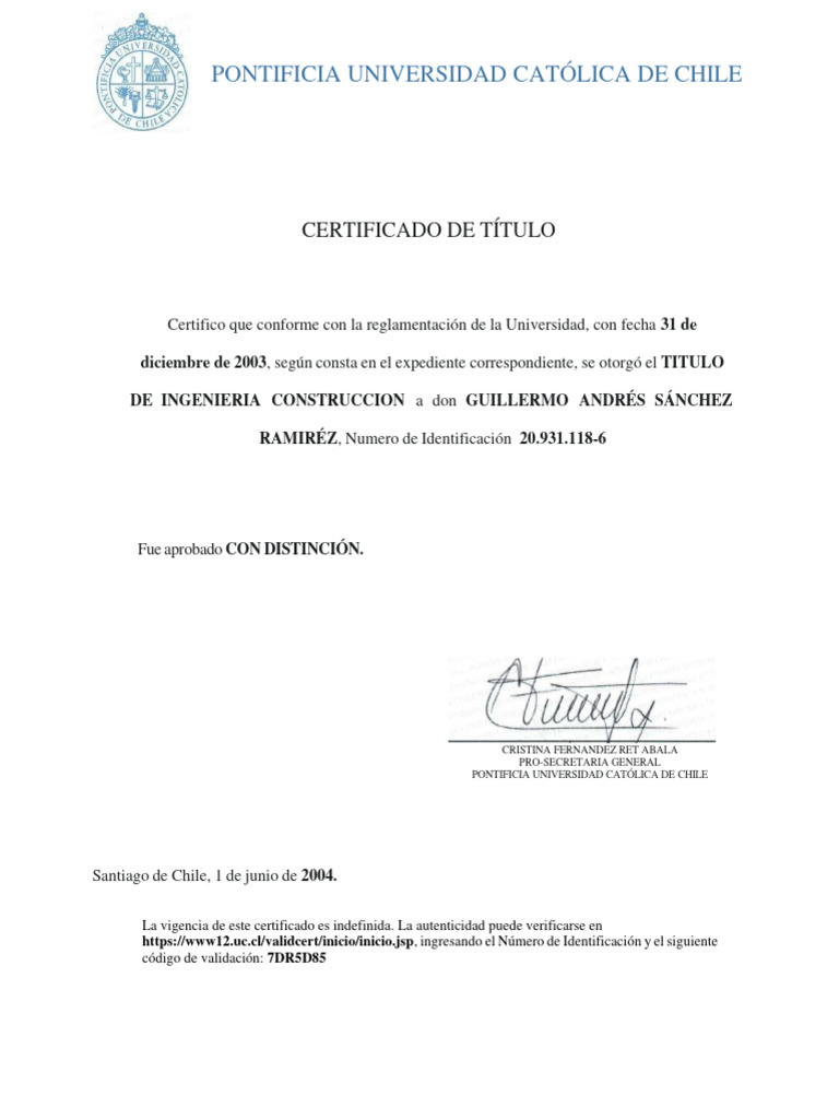 Certificado de Título - Ingeniería Construcción | PDF