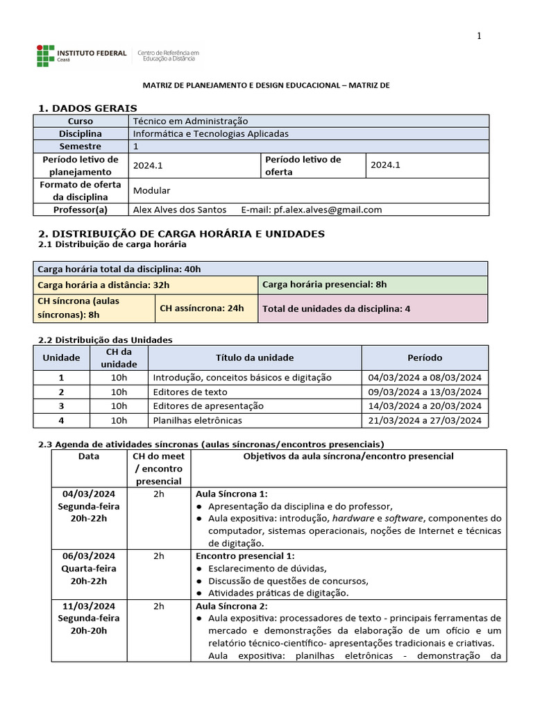 Matriz DE - Informática e Tecnologias Aplicadas - 2024.1 | PDF ...