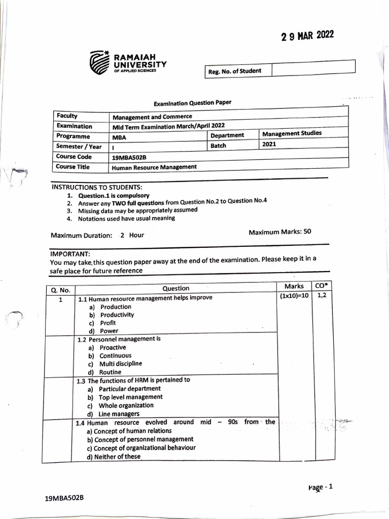 Mid Term QP 1st Sem | PDF