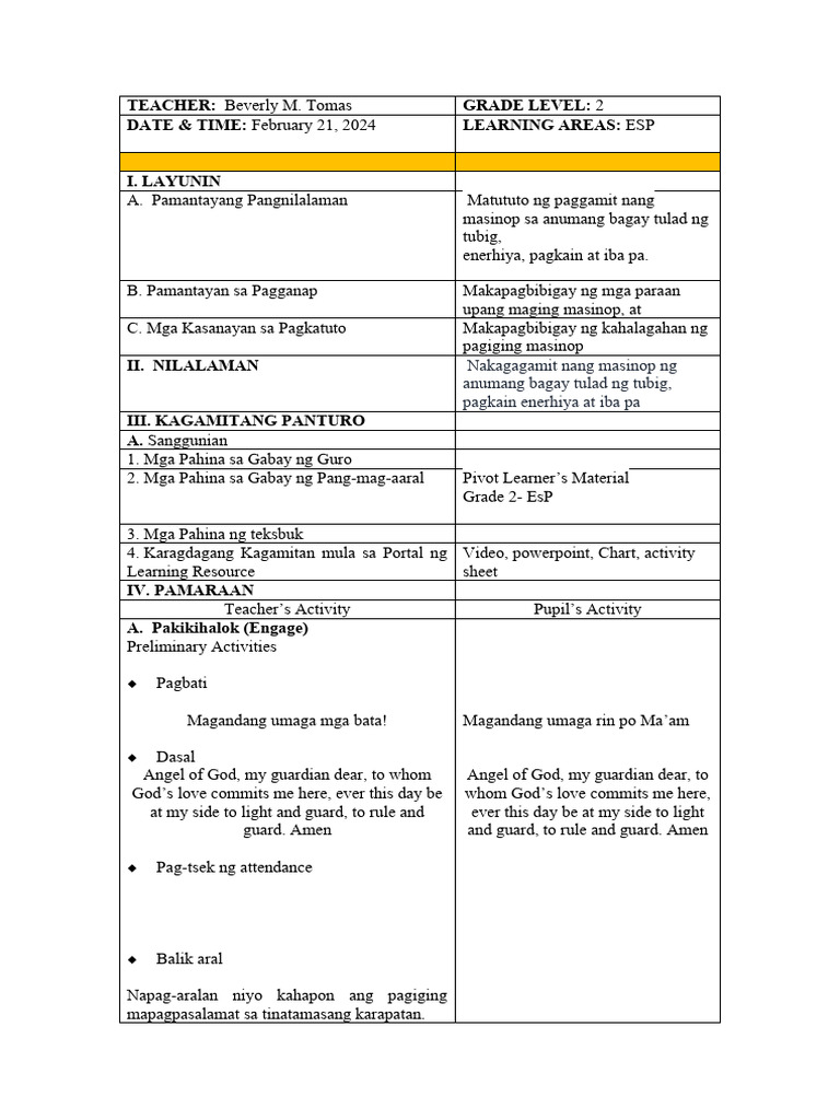 TEACHER: Beverly M. Tomas Grade Level: 2 DATE & TIME: February 21, 2024 Learning Areas: Esp | PDF