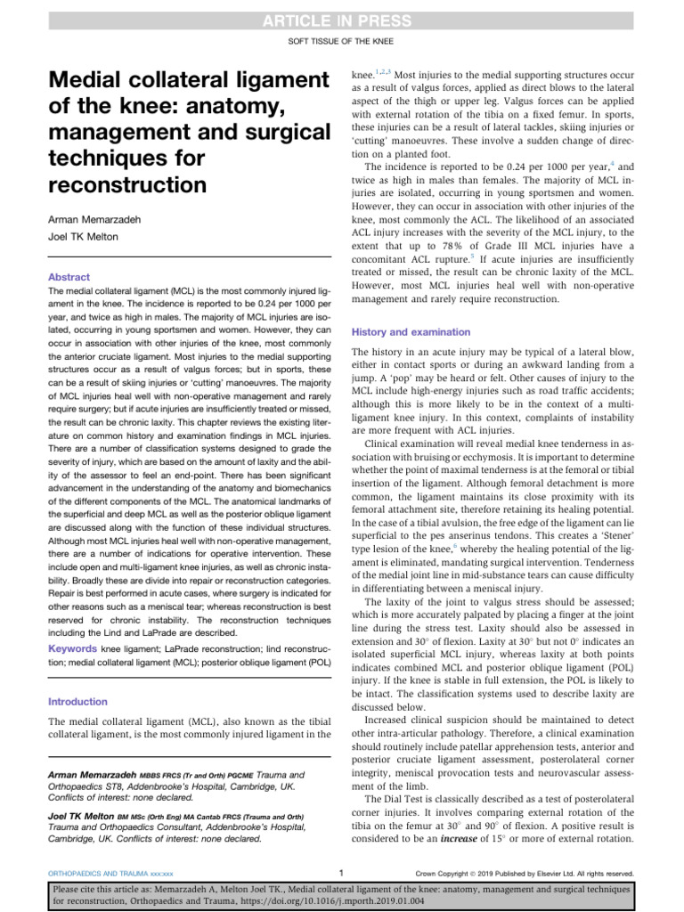 Medial Collateral Ligament of The Knee - Anatomy, Management - Memarzadeh, Arman Melton, Joel TK ...