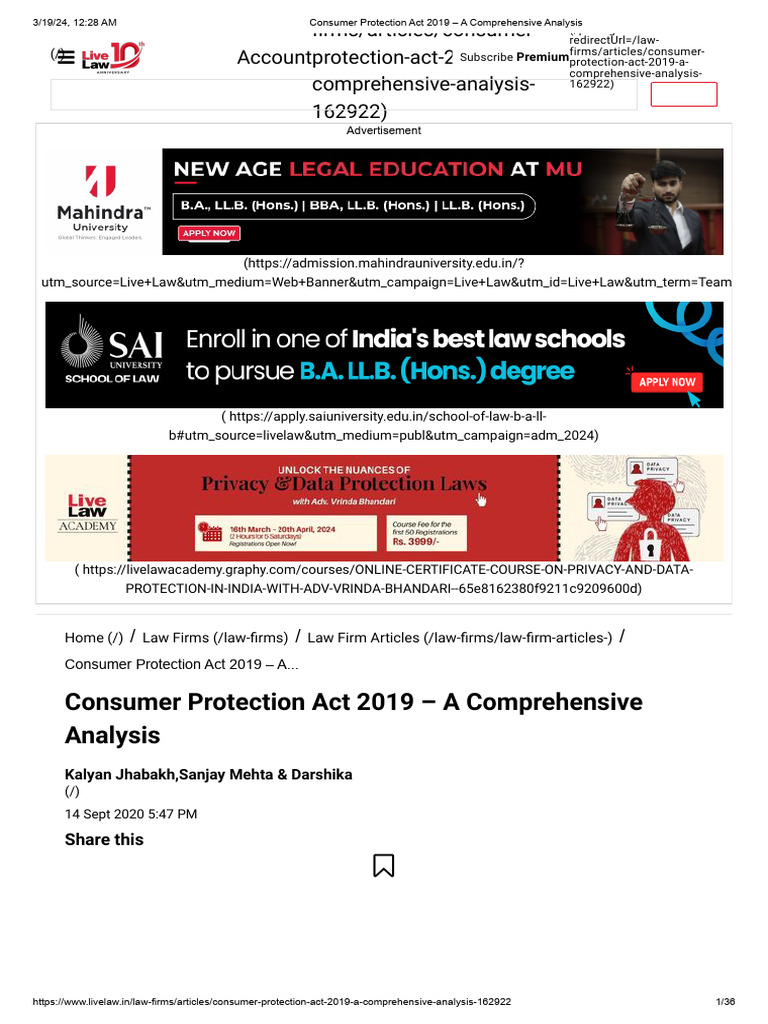 Consumer Protection Act 2019 - A Comprehensive Analysis | PDF | Product ...