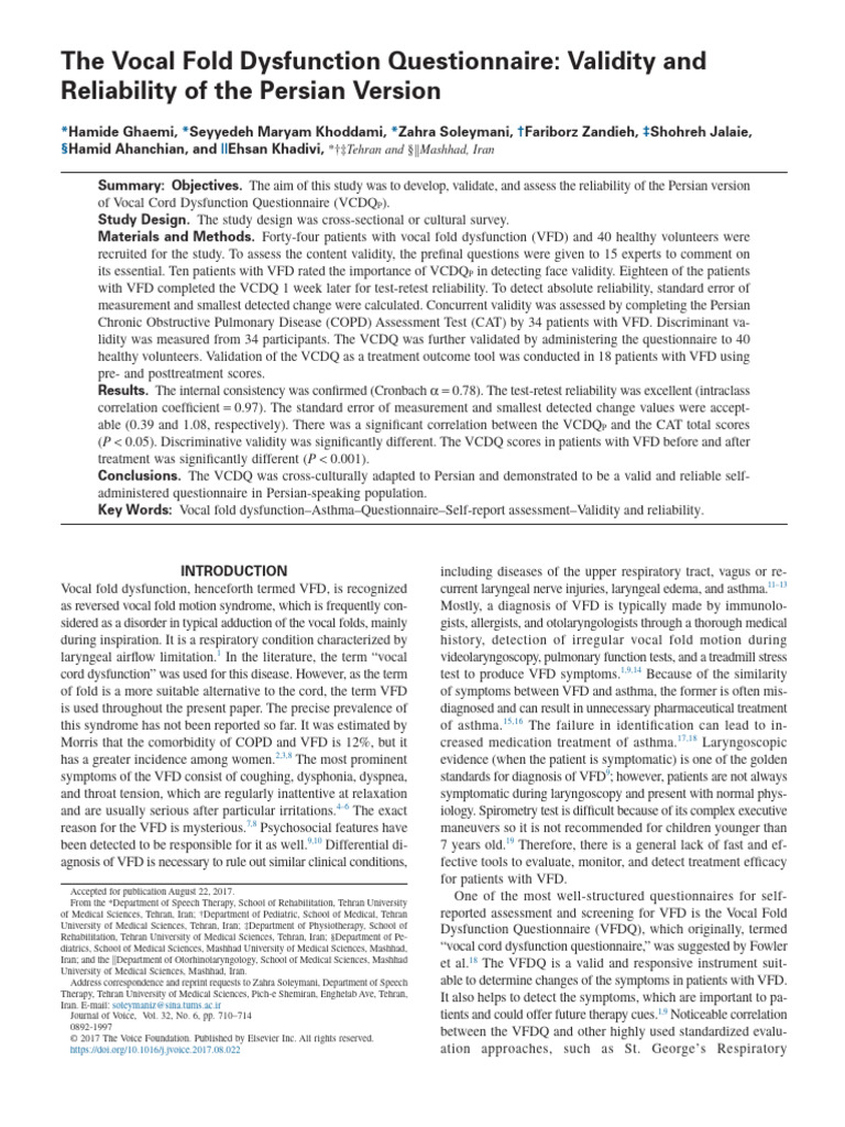 The Vocal Fold Dysfunction Questionnaire | PDF | Student's T Test ...