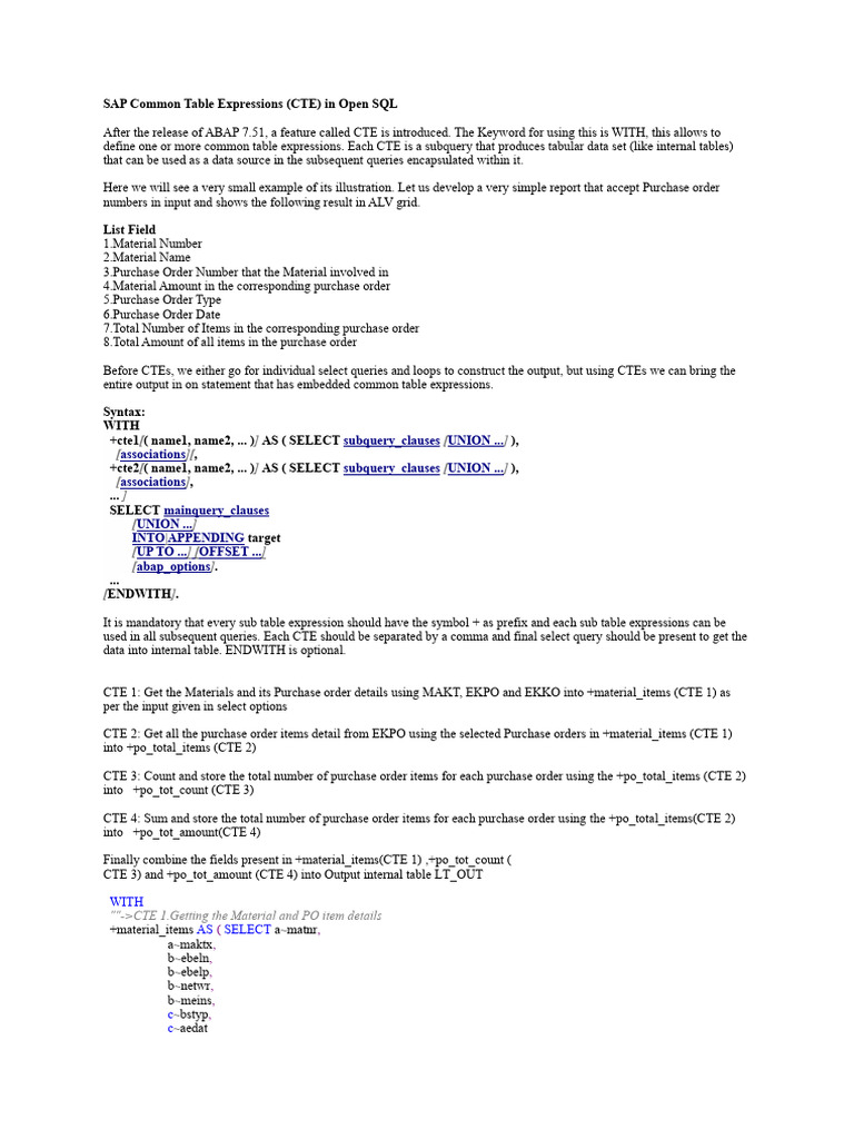 SAP Common Table Expressions (CTE) in Open SQL | Download Free PDF | Computer Programming ...