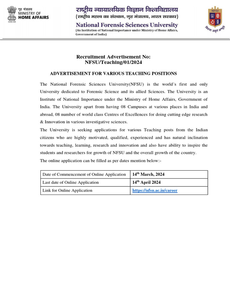 NFSU_Teaching_01_2024 | PDF | Academic Degree | Doctor Of Philosophy