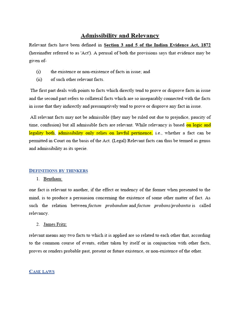 Evidence Directory (Relevancy and Admissibility) | Download Free PDF ...