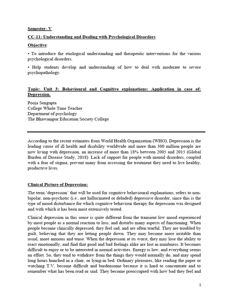 Cognitive and Behavioural Explainations of Depression | PDF | Cognitive ...