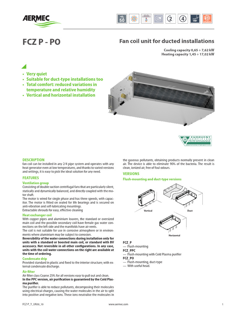 FCZ P - Po: Fan Coil Unit For Ducted Installations | PDF | Duct (Flow ...