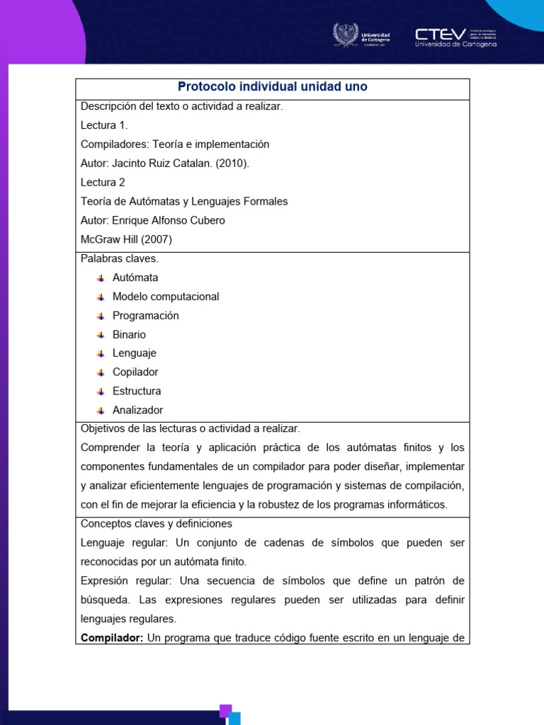 protocolo de la unidad uno lenguaje | PDF