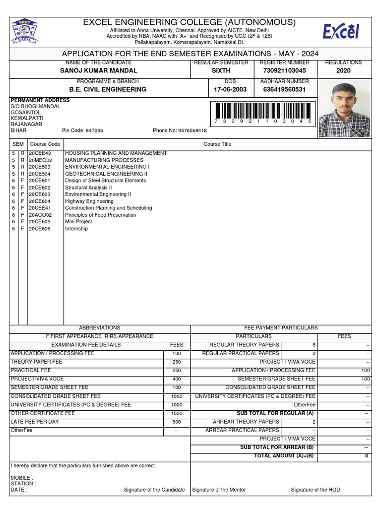 Excel Engineering College (Autonomous) : Application For The End Semester Examinations - May ...