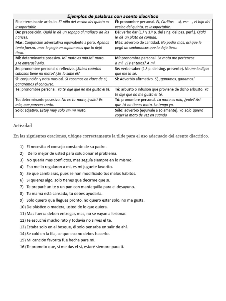 Ejercicio de Palabras Con Acento Diacrítico | PDF | Pronombre ...