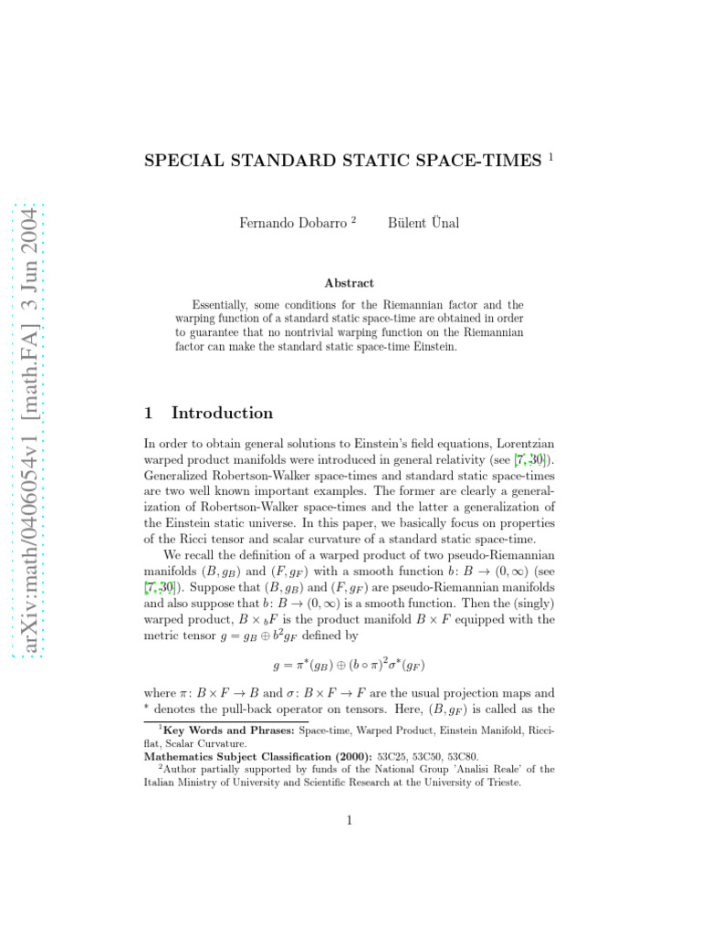 Special standard static space–times | PDF | Curvature | Differential Topology