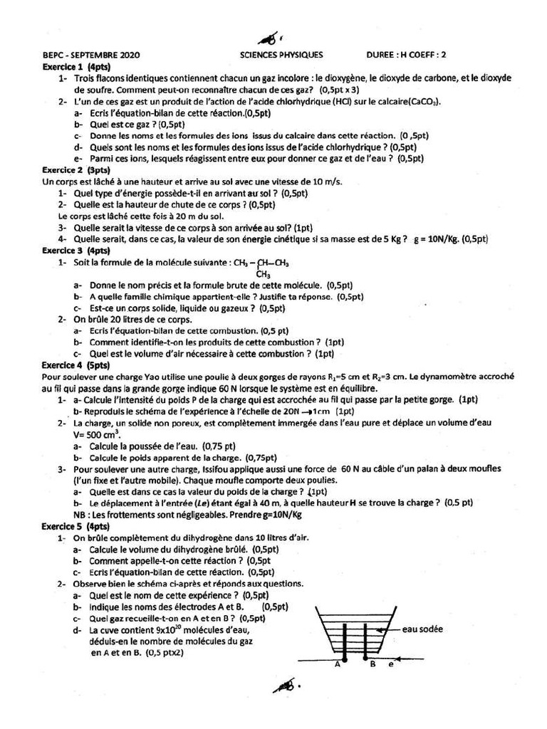 Epreuve Bepc 2020 Sciences Physiques Togo | PDF