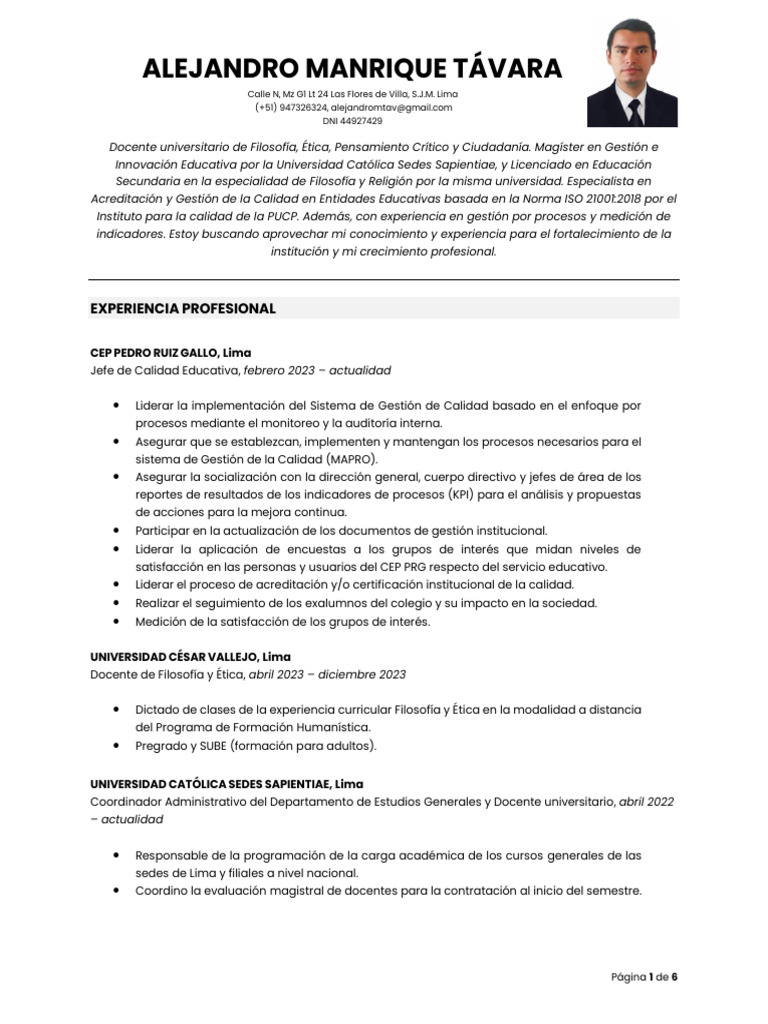 Alejandro Manrique CV MC - Documentado - 24 | PDF | Sistema de manejo ...