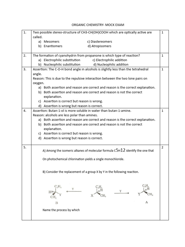 Organic Chemistry - Mock Exam | PDF | Ether | Chemical Reactions