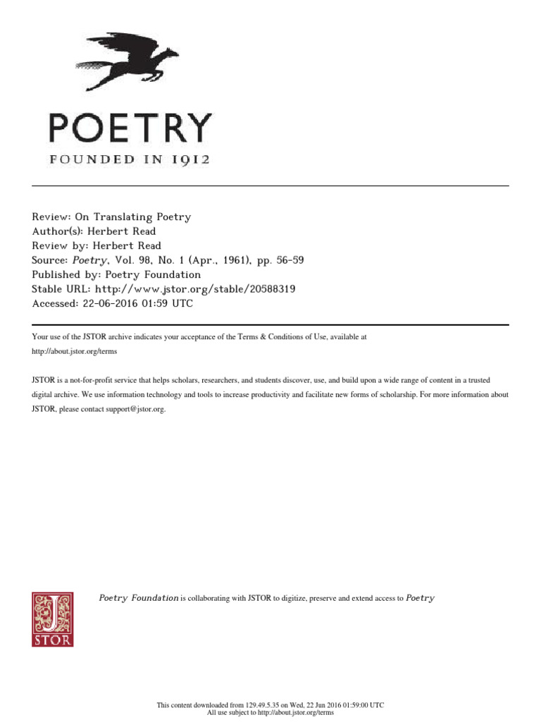 (Poetry Vol. 98 Iss. 1) Review by - Herbert Read - On Translating ...