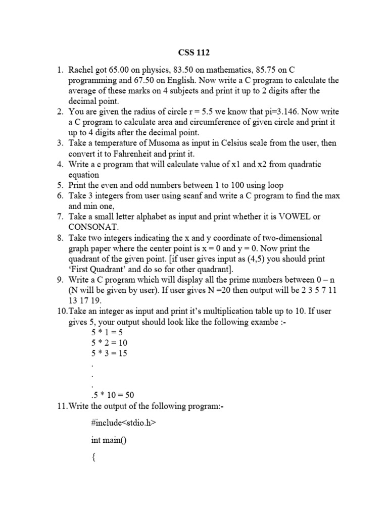 Css 112 Sample Question Pdf Parameter Computer Programming Function Mathematics