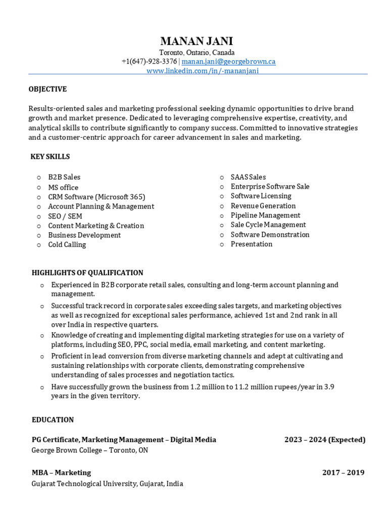 Manan Jani CV Updated | PDF | Sales | Marketing