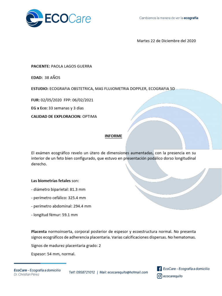 Informe de Ecografía Obstétrica 5D | PDF | Feto | Ultrasonido médico