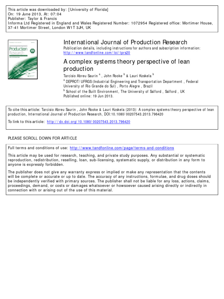 A Complex Systems Theory Perspective of Lean Production | PDF | Lean Manufacturing | System