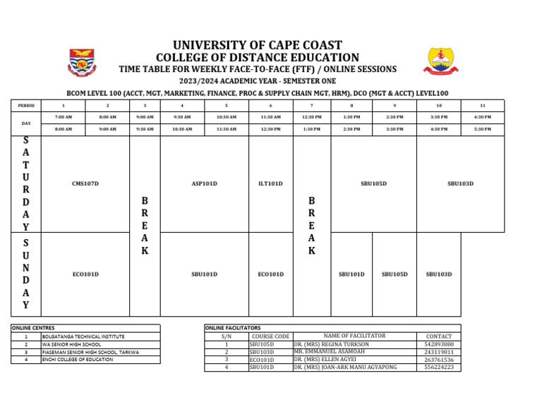 2023 2024 Sem 1 LV 100 Teaching Time Table | PDF