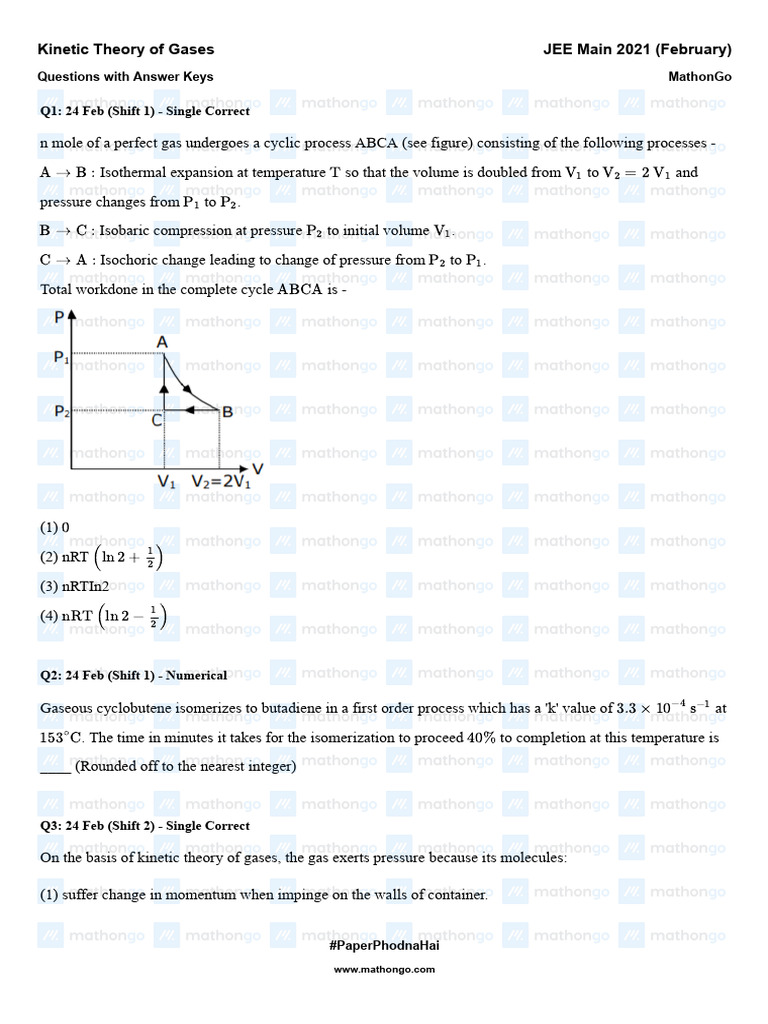 Kinetic Theory of Gases - JEE Main 2021 February-pages-1 | PDF | Gases ...