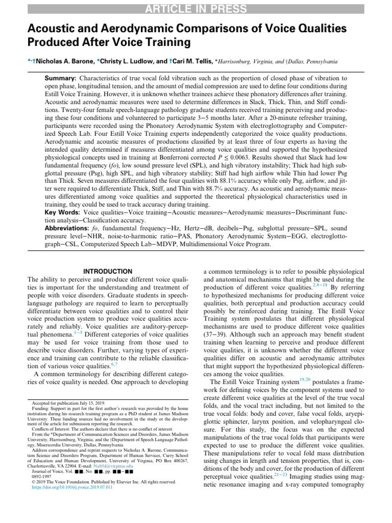 Acoustic & Aerodynamic Comparisons After Voice Training | PDF | Human ...