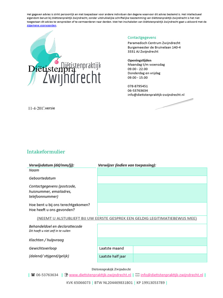 Intakeformulier Cliënt Diëtistenpraktijk Zwijndrecht | PDF