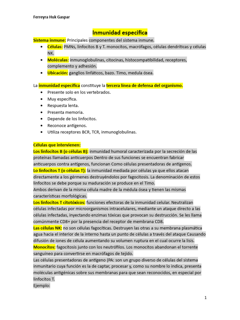 Inmunidad Específica y sus Componentes | PDF | Sistema inmune | Linfocitos