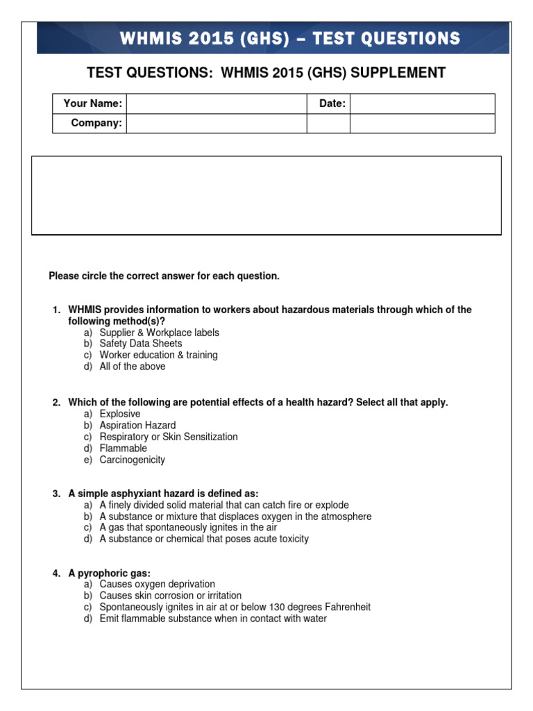 WHMIS 2015 Test Questions Guide | PDF | Toxicity | Workplace