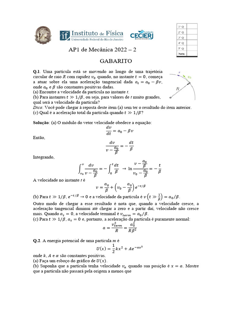 Ap1 2022-2 | PDF | Mecânica Lagrangiana | Velocidade