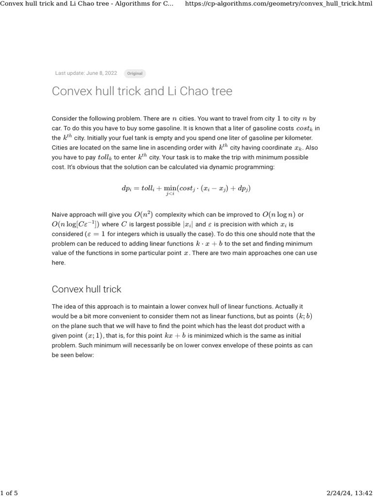 Convex Hull Trick and Li Chao Tree - Algorithms For Competitive Programming | PDF | Function ...