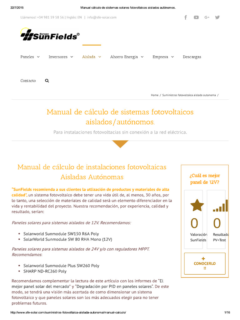 Manual Cálculo de Sistemas Solares Fotovoltaicos Aislados Autónomos | PDF
