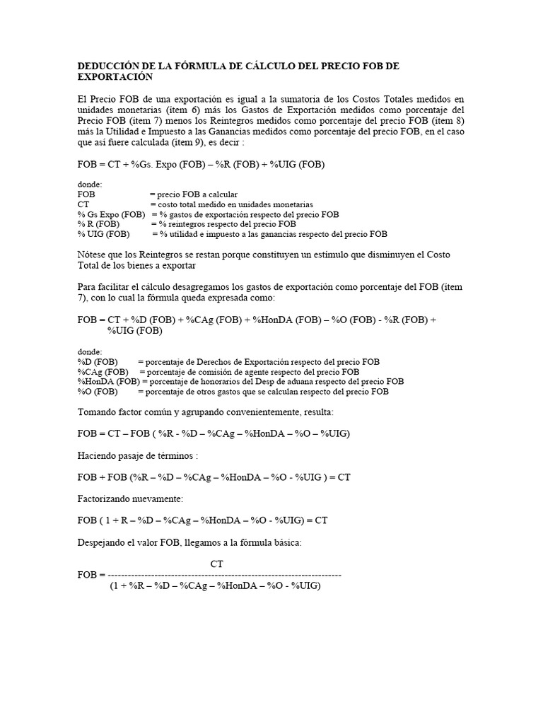 Fórmula Precio FOB Exportación | PDF | Porcentaje | Ciencias económicas