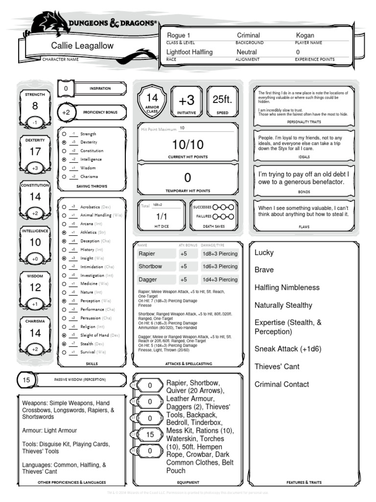 Lightfoot Halfling Rogue Character Sheet | PDF