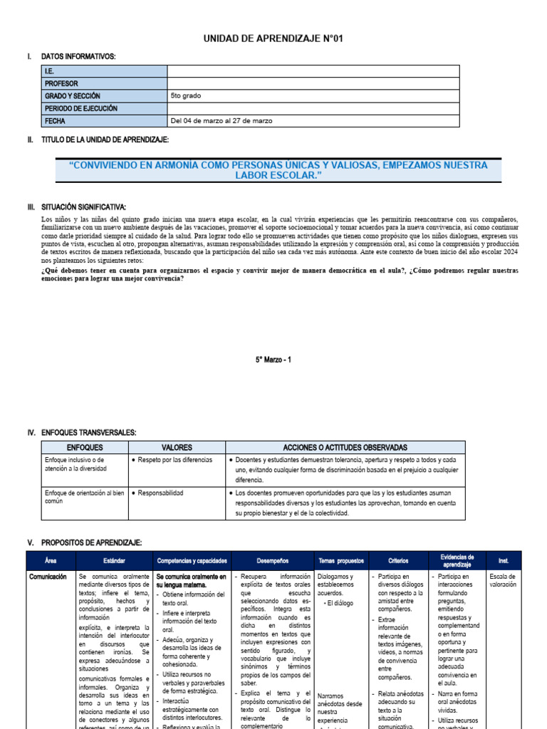 5° Grado - Unidad de Aprendizaje N°01 | PDF | Aprendizaje | Comunicación