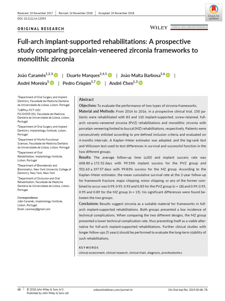 Full Arch Implant Supported Rehabilitations: A Prospective Study Comparing Porcelain Veneered ...