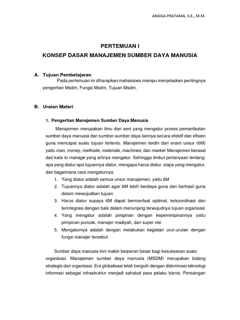 Materi MSDM Ke-1 Konsep Dasar Manajemen Sumber Daya Manusia | PDF | Bisnis | Pengembangan Diri