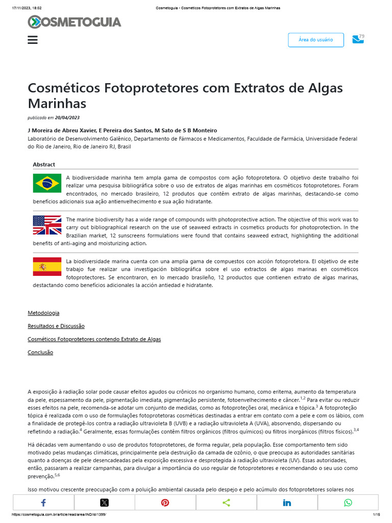 6 - Cosméticos Fotoprotetores Com Extratos de Algas Marinhas | PDF | Ultravioleta | Protetor solar