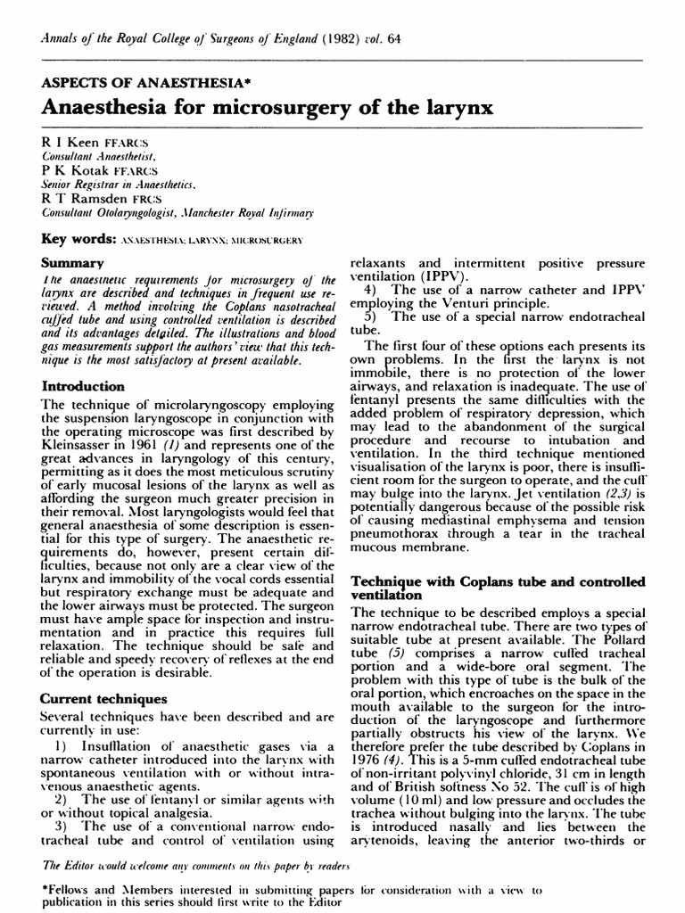 1 Anaesthesia For Microsurgery of The Larynx | PDF | Clinical Medicine | Medical Specialties