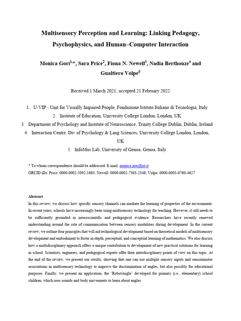 Multisensory Perception and Learning Linking Pedagogy Psychophysics and Humane28093computer ...
