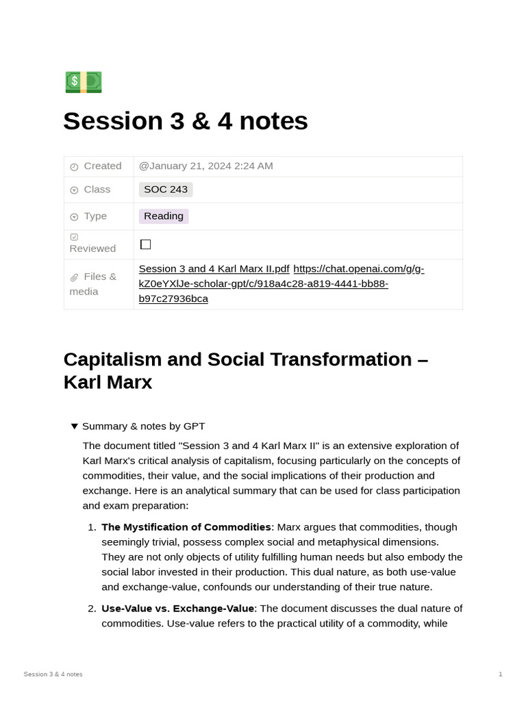 Session 3 & 4 Notes | PDF | Exchange Value | Capitalism