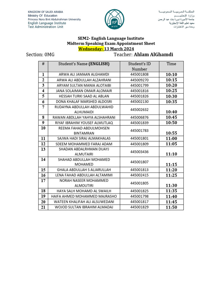 0MG 102-2 Ahlam AlGhamdi Midterm Speaking Appointment Sheet SEM2 Edited | PDF