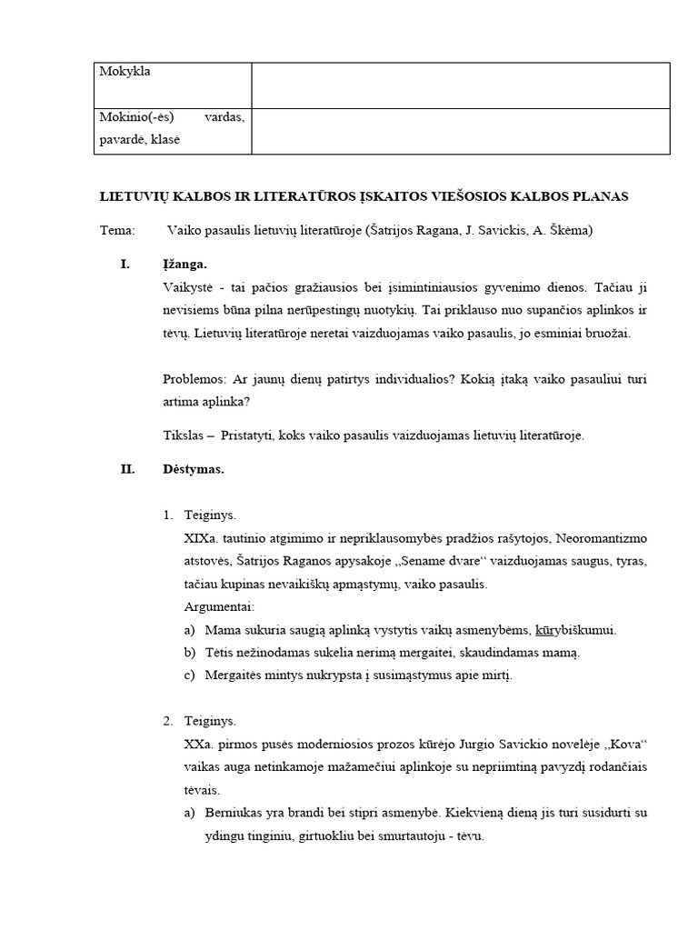 Lithuanian High School Exam "Vaiko Pasaulis Lietuvių Literatūroje" | PDF