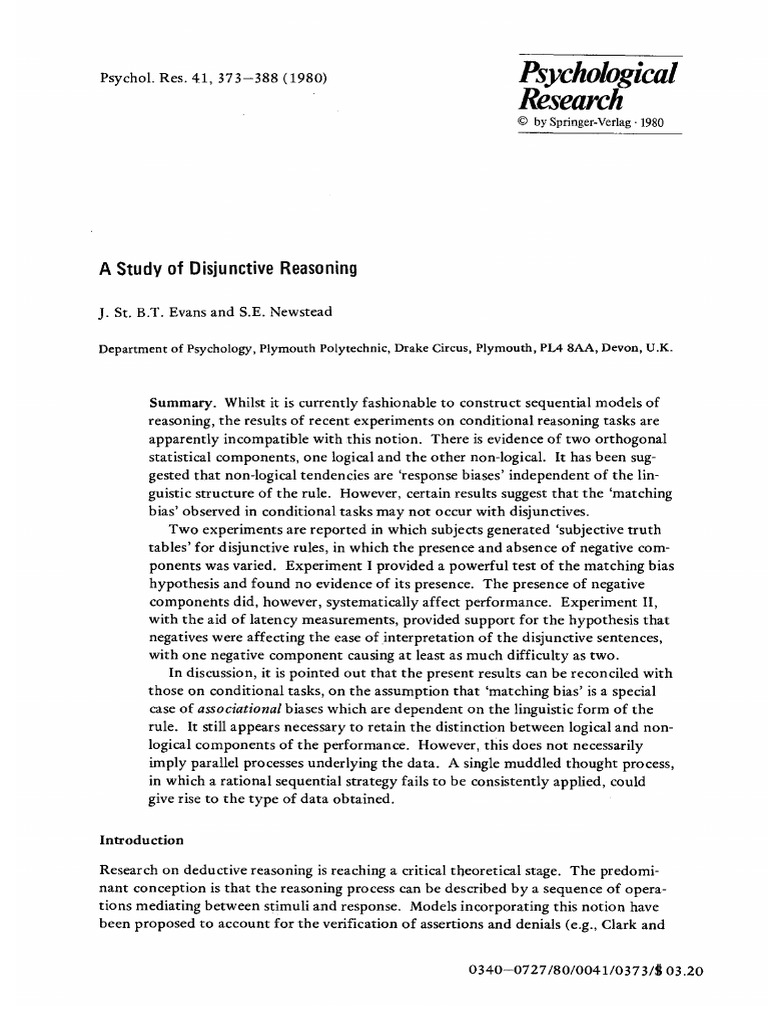 Evans&Newstead (1980) Study of Disjunctive Reasoning | PDF