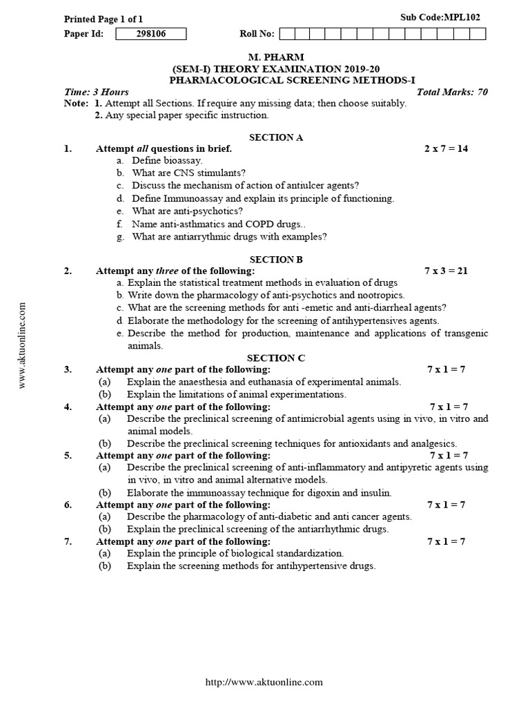 Mpharm 1 Sem Pharmacological Screening Methods 1 mpl102 2020 | PDF | In Vitro | Health Sciences
