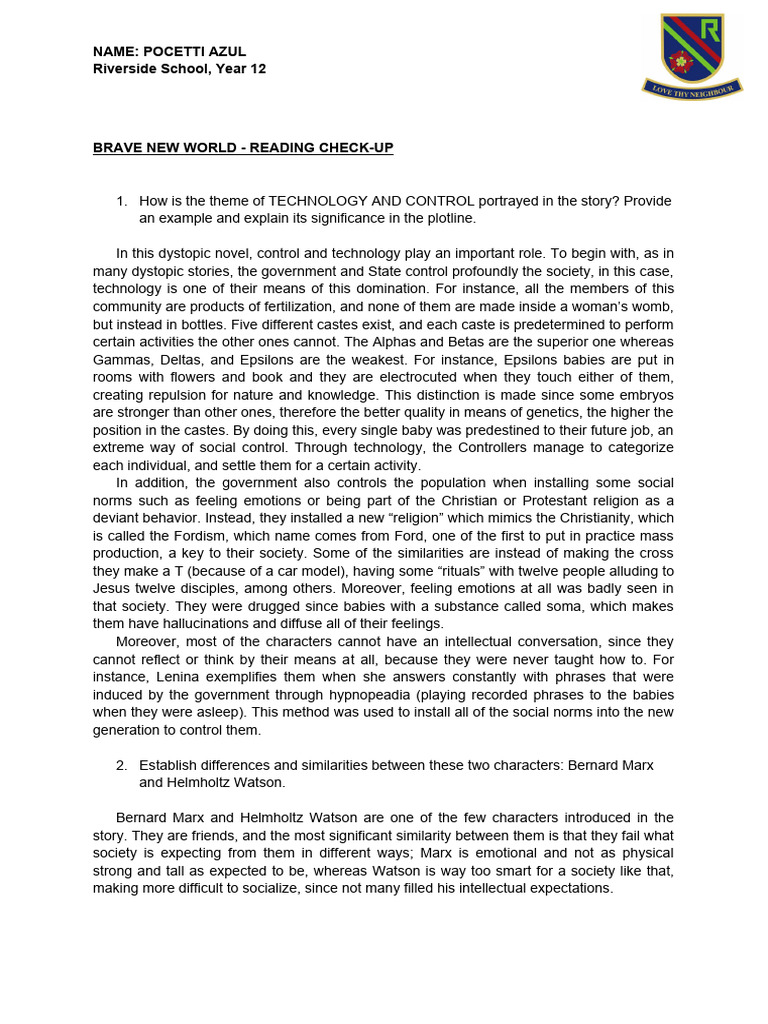 Brave New World - Reading Check-Up | PDF | Behavioural Sciences ...