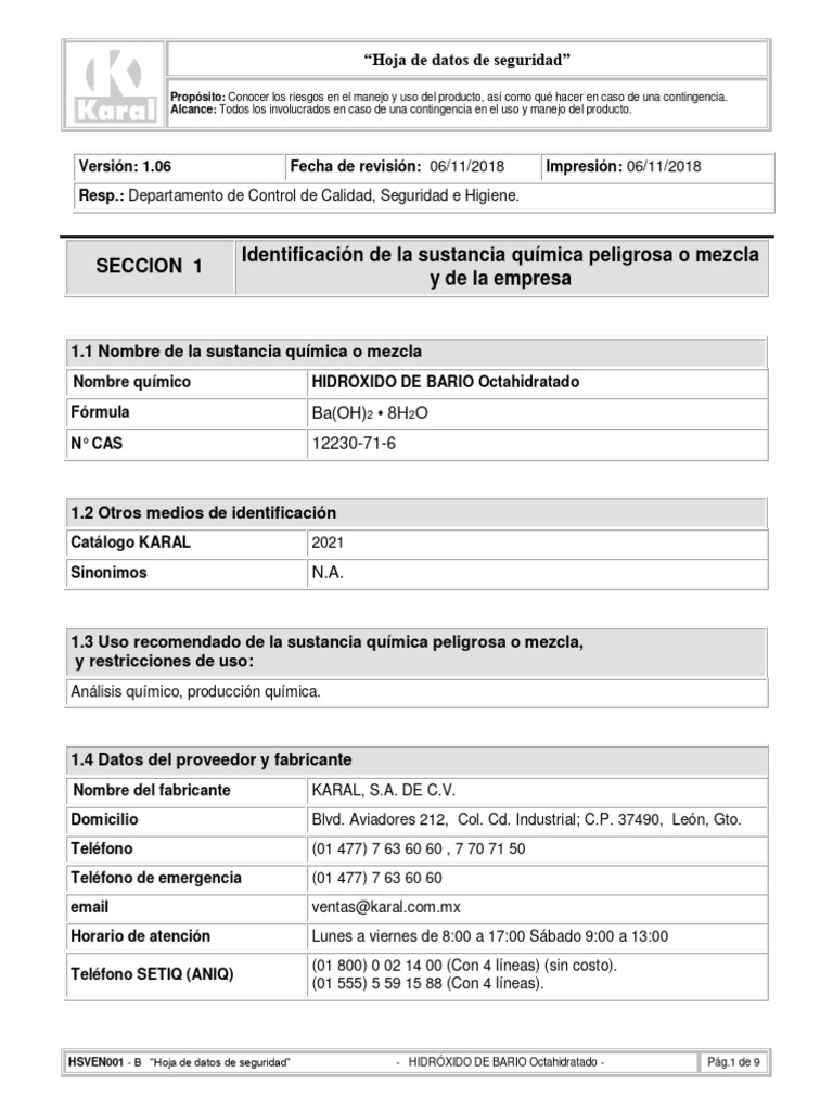 Ba (OH) 2 8H2O Peligros Asociados | PDF